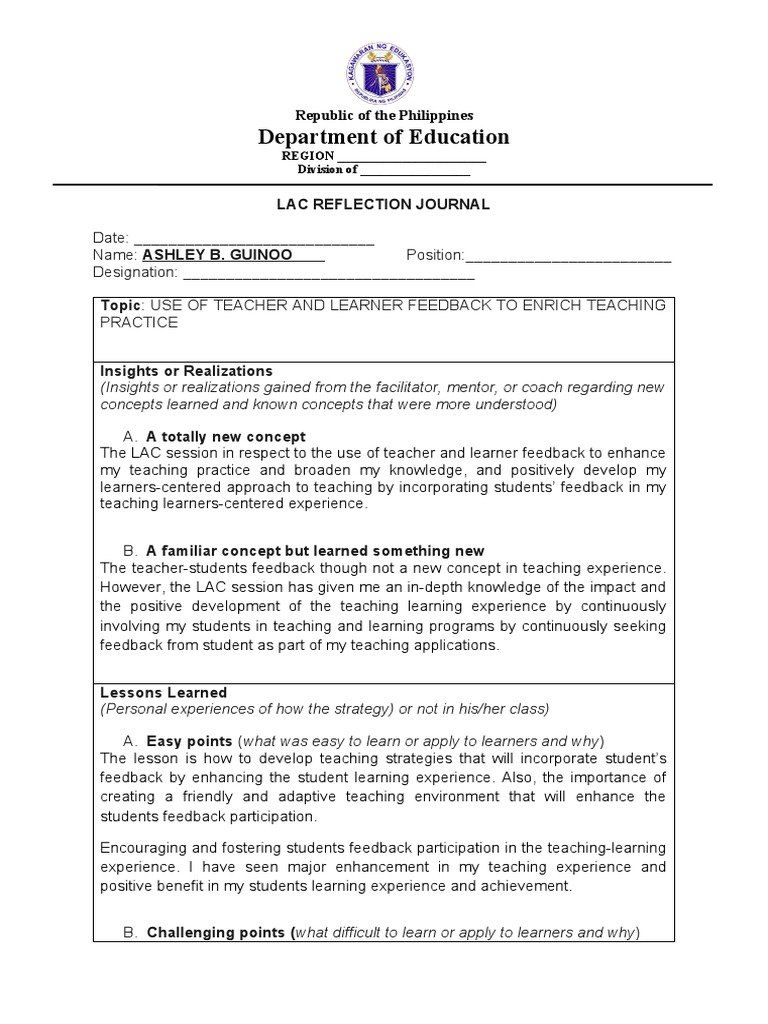 LAC REFLECTION JOURNAL.ashguifiles | PDF | Learning | Teachers