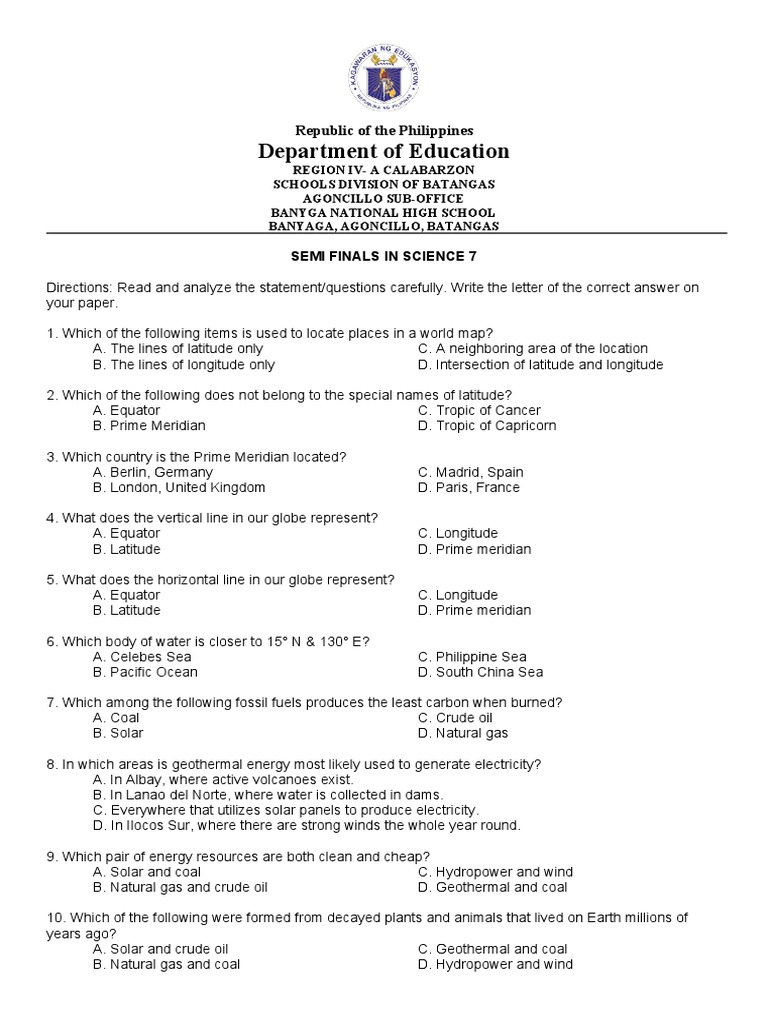 Semi Finals in Grade 7 Science | PDF | Atmosphere Of Earth | Solar Eclipse