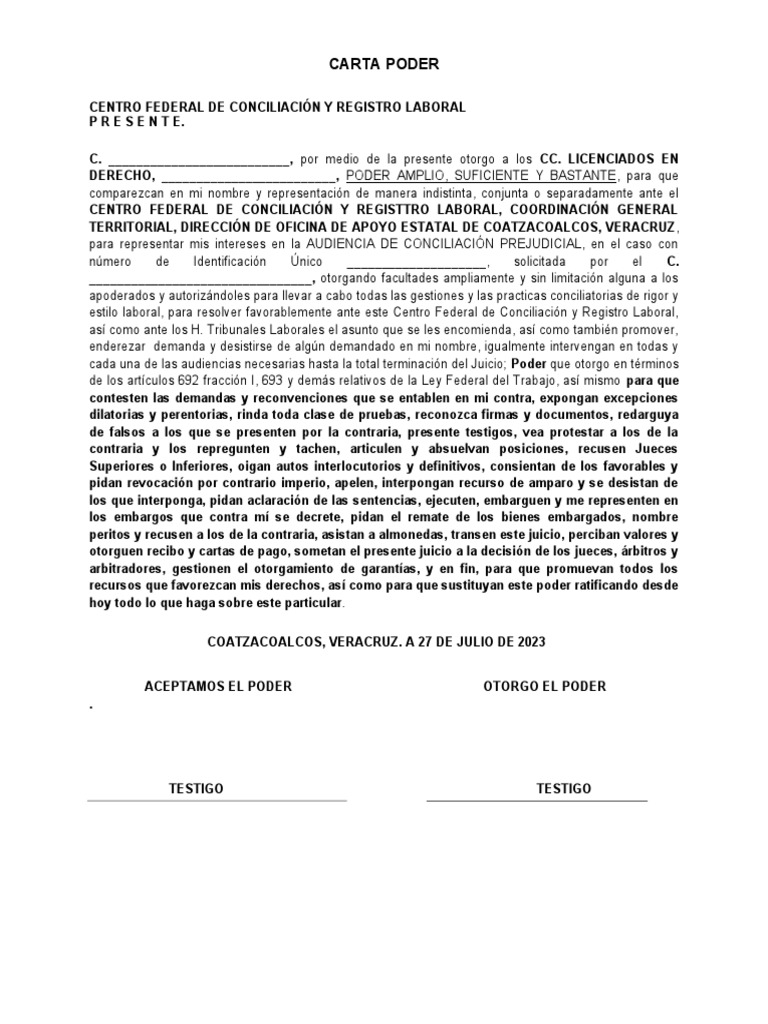 Carta Poder para Conciliación Laboral | PDF | Gobierno | Justicia