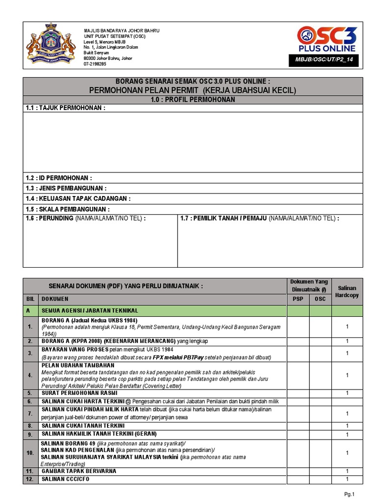Borang Senarai Semak Permohonan Pelan Permit (Kerja Ubahsuaian Kecil) | PDF