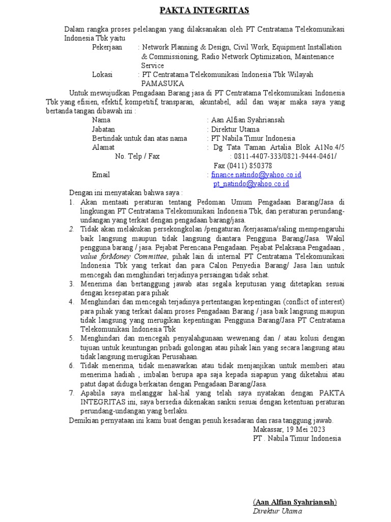 Pakta Integritas | PDF