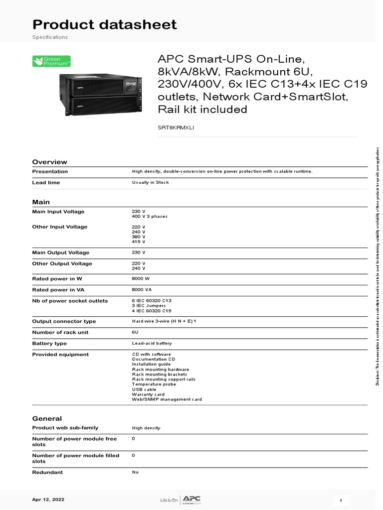 APC Smart-UPS 8kVA SRT8KRMXLI Datasheet | PDF | Mains Electricity ...