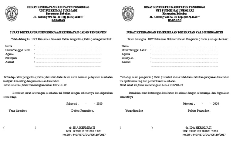 Surat Keterangan Sehat Catin Puskesmas | PDF