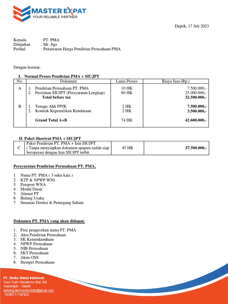Paket Penawaran Pendirian PT. PMA & SIUJPT | PDF
