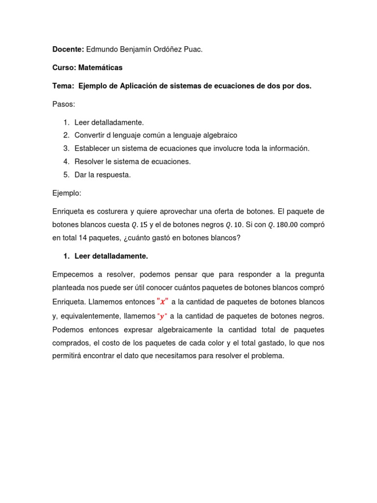 Segundo Ejemplo de Aplicacion de Ecuaciones de 2x2. | PDF | Ecuaciones | Matemáticas
