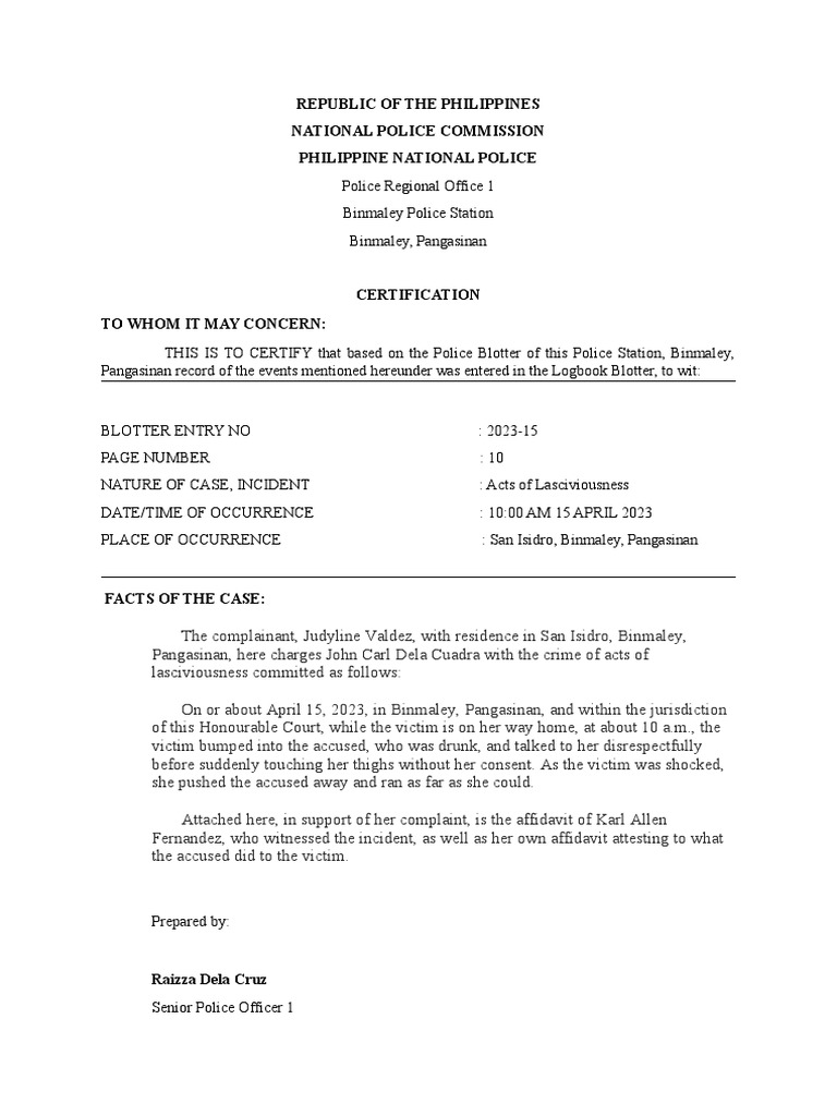 Police Blotter Certification Sample | PDF | Social Science | Mystery ...