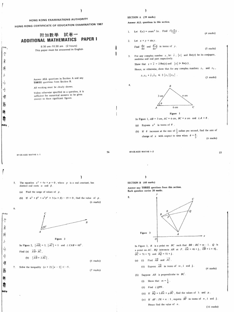 Add Maths 1987 Paper 1 and 2 Marking Scheme | PDF