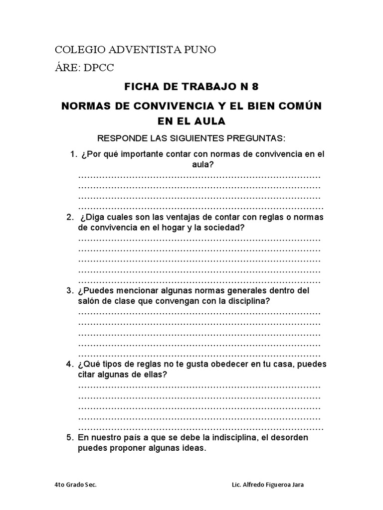 Ficha de Trabajo N 8 Normas de Convivencia y Bien Comun en El Aula - 9ncmcvqqfo | PDF