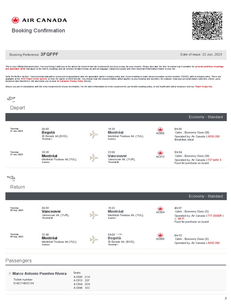Air Canada Booking Confirmation 3FQFPF | Download Free PDF | Airlines ...