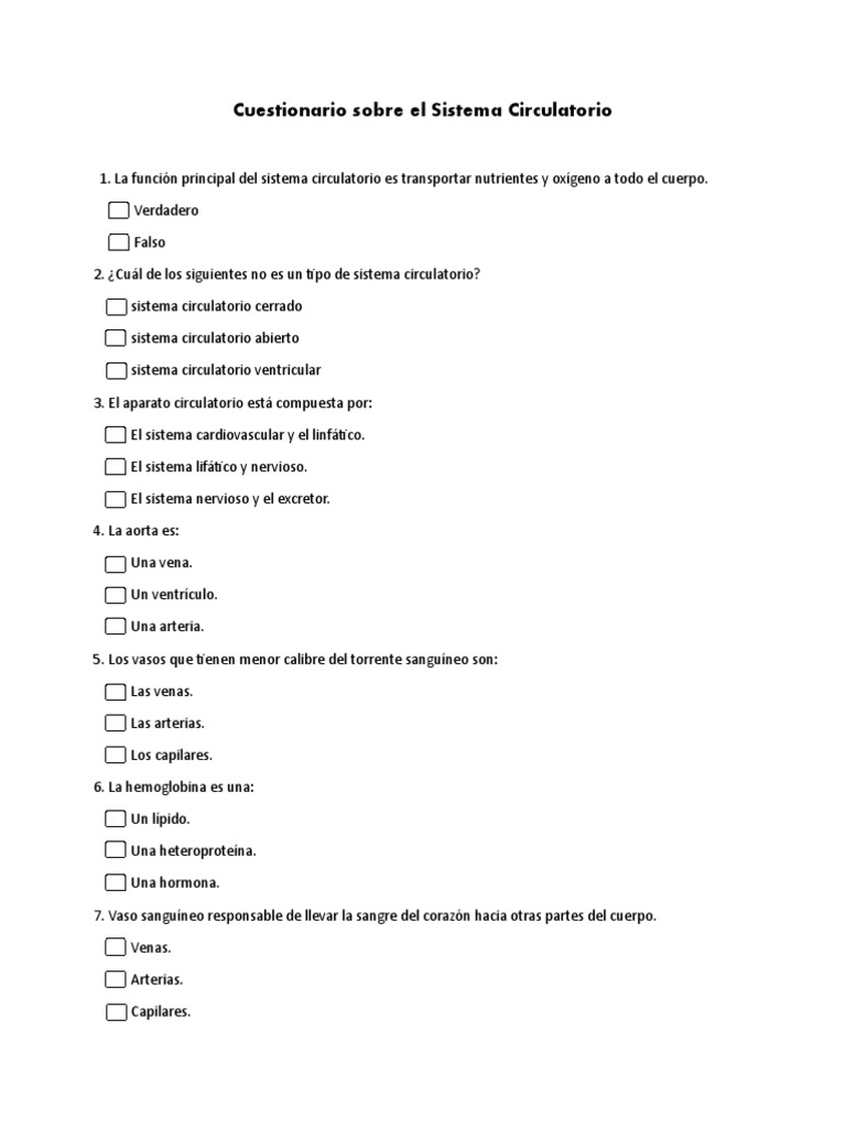 Cuestionario Sobre El Sistema Circulatorio | PDF
