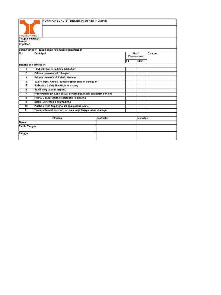 Checklist Bekerja Di Ketinggian | PDF