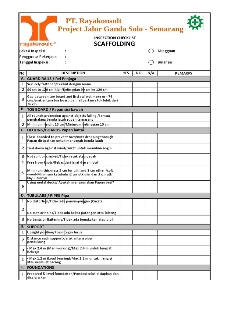 Form Checklist Scaffolding Inspection | PDF