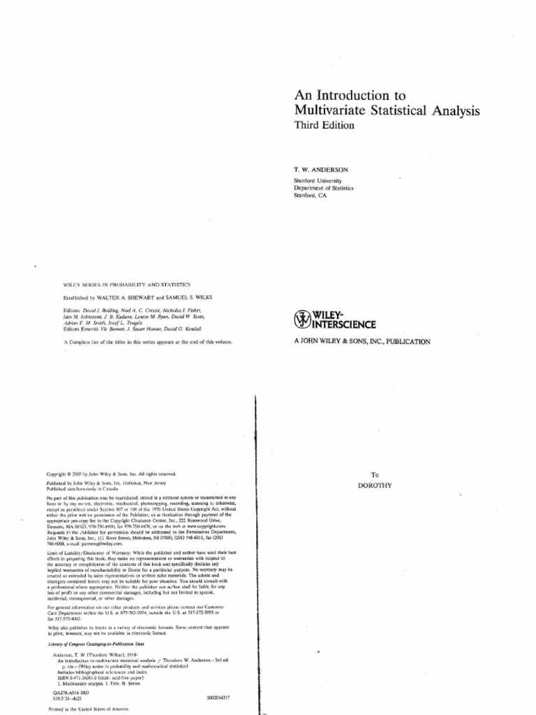 An Introduction to Multivariate Statistical Analysis (3rd Edition) | PDF