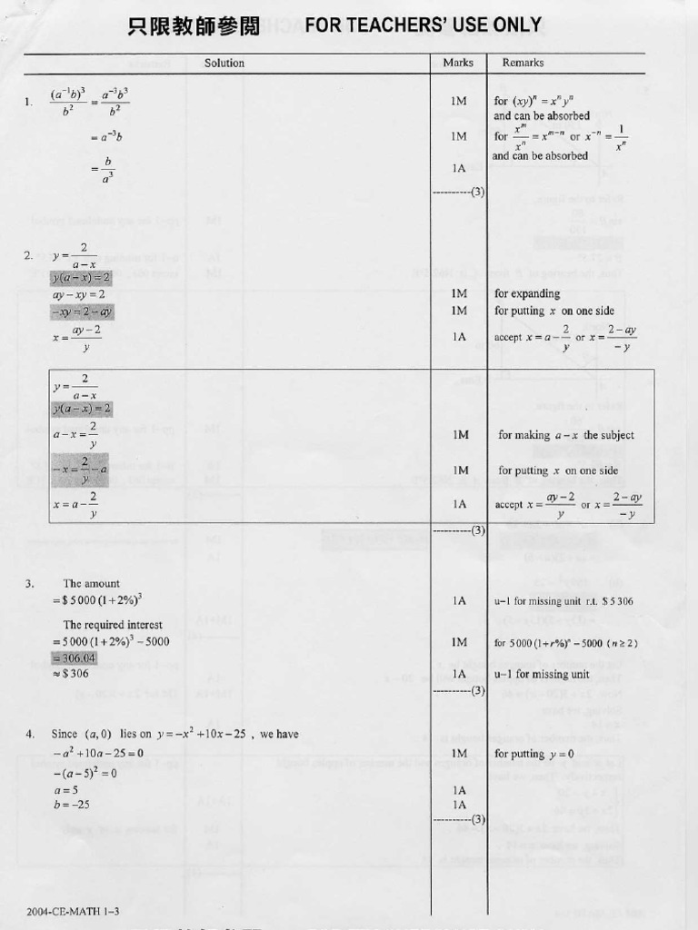 2004 Mathematics Paper1 Marking Scheme | PDF