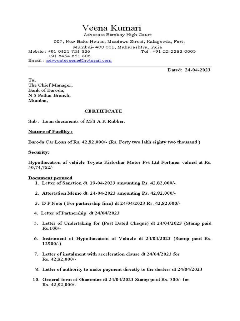 Legal Vetting Certificate for Car Loan | PDF | Loans | Banking