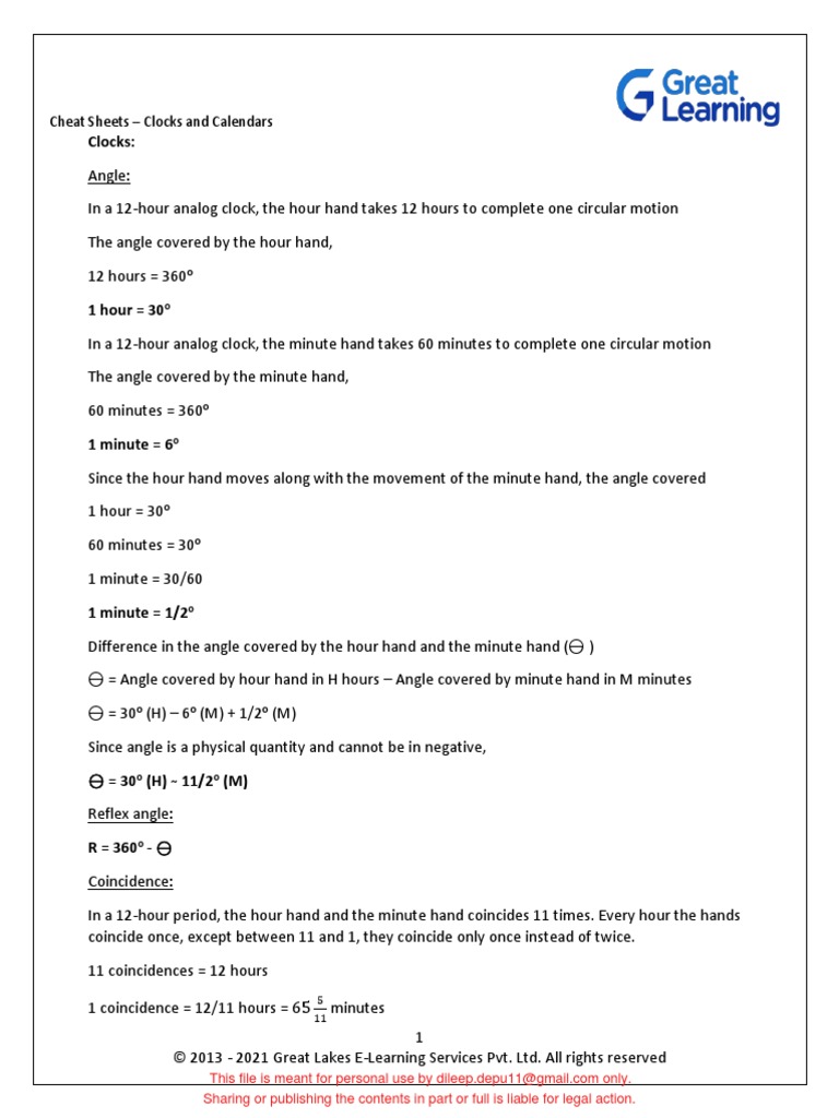 Cheat Sheets - Clocks and Calendars | Download Free PDF | Hour | Spacetime