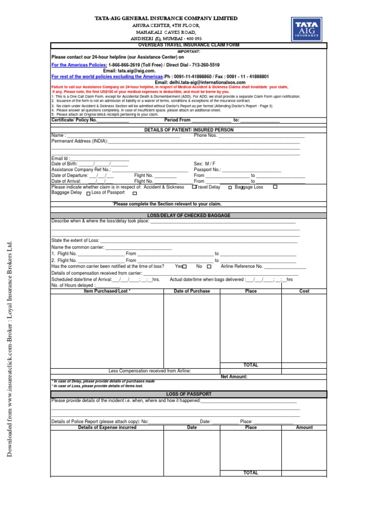 Tata Aig Travel Guard Claim Form | PDF | Airlines | Physician