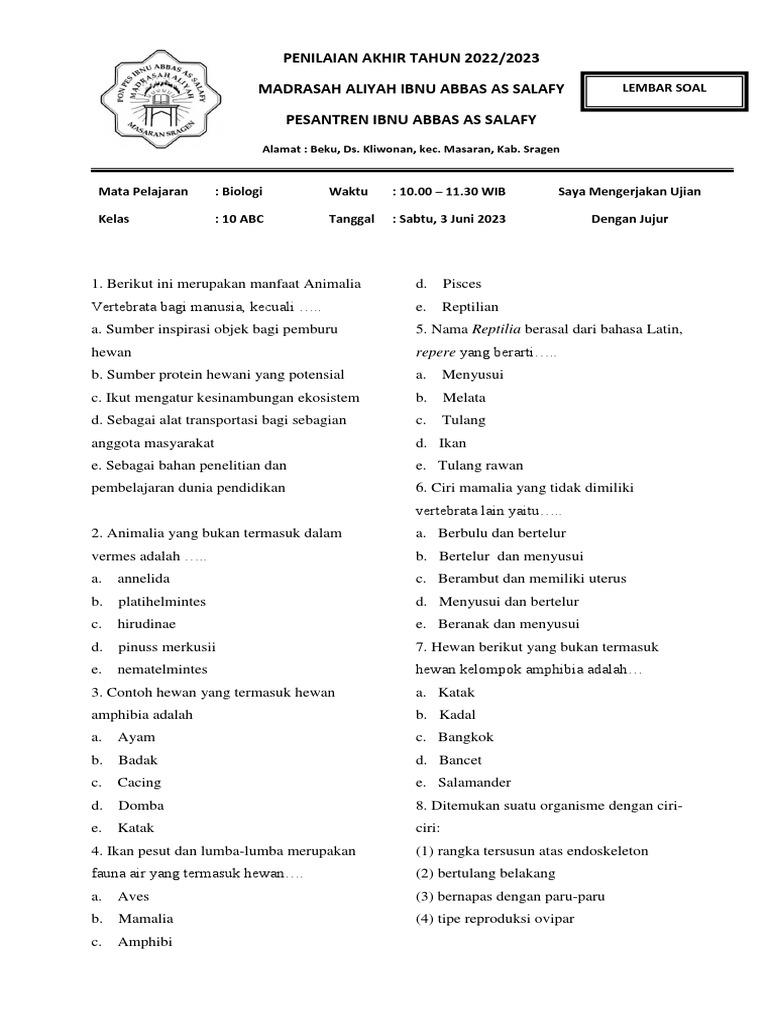 Pat Kelas 10 Biologi 2022-2023 | PDF