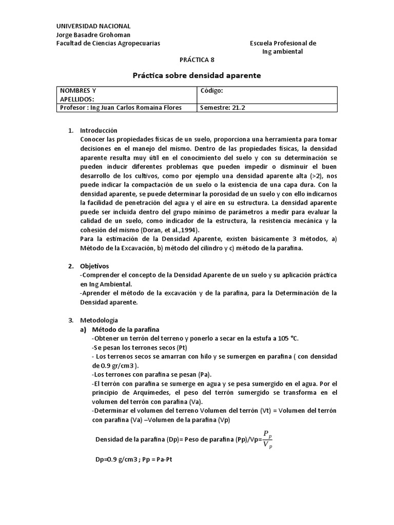 PRÁCTICA 8 Densidad Aparente | PDF | Densidad | Suelo