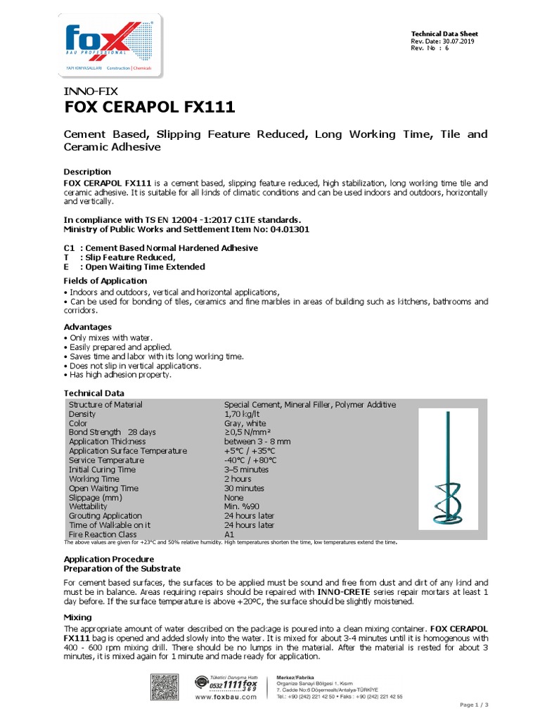 Fox Cera FX111 C1TE (EN) | PDF | Adhesive | Ceramics