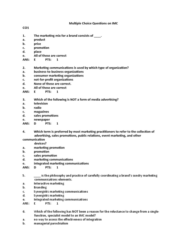 IMC Multiple Choice Quiz Questions | PDF | Marketing Communications ...
