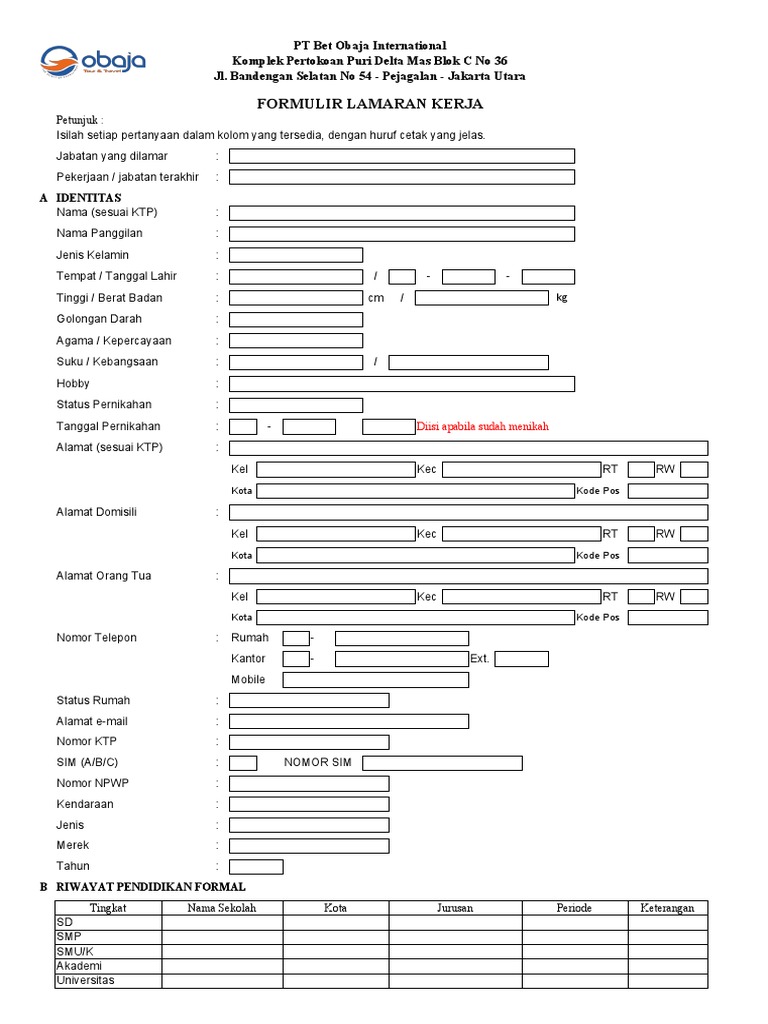 Form Data Pelamar Obaja | PDF