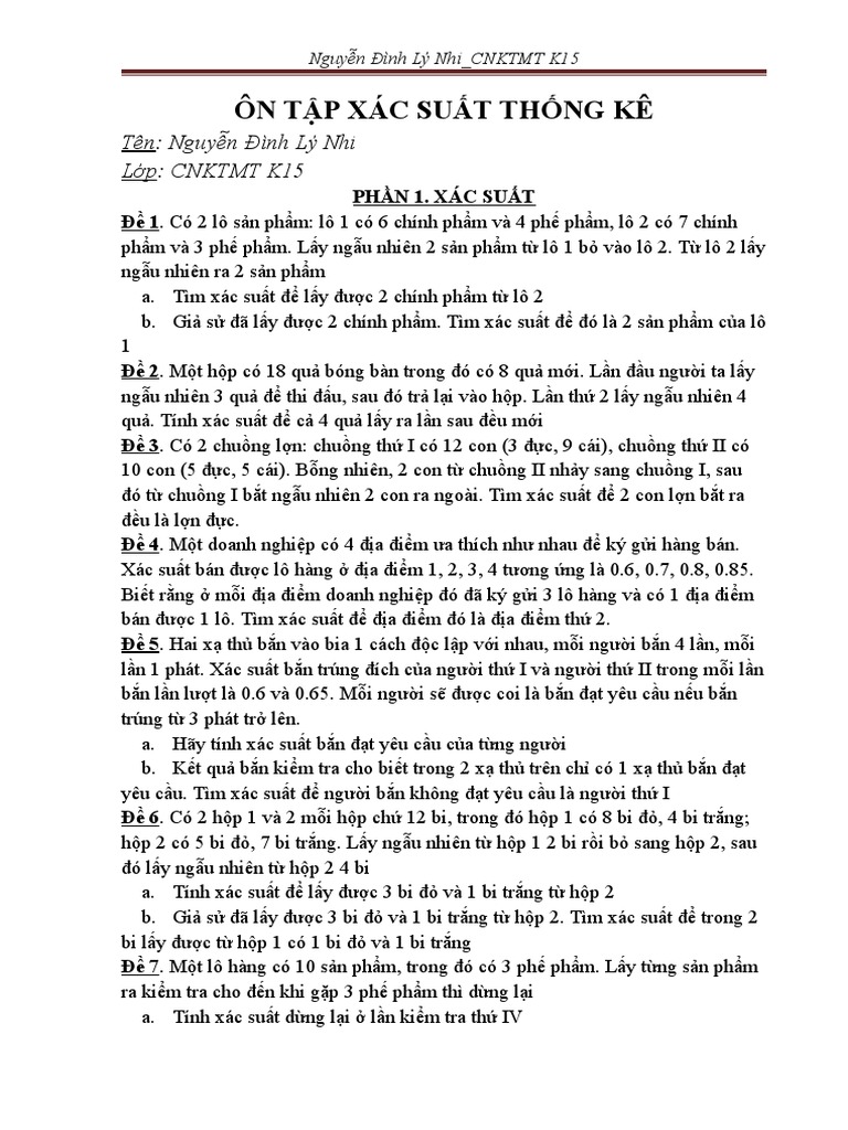 bài tập Xác Suất Thống Kê - Nguyễn Đình Lý Nhi CNKTMT K15 | PDF