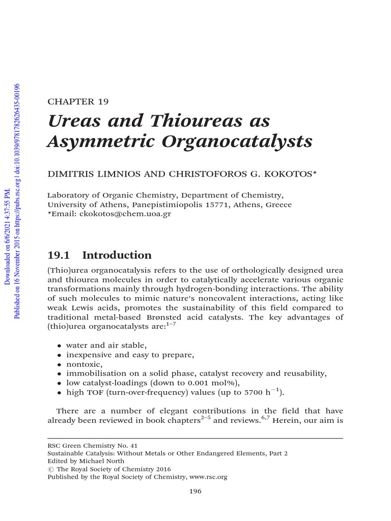 Ureas and Thioureas As Asymmetric Organocatalysts | PDF | Amine | Catalysis