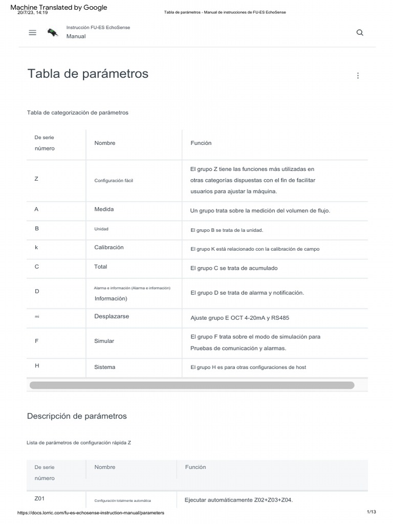 Parameters Table - FU-ES EchoSense Instruction Manual Spanish | PDF | Viscosidad | Metrología