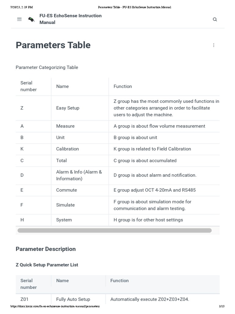 Parameters Table - FU-ES EchoSense Instruction Manual | PDF | Parameter (Computer Programming ...