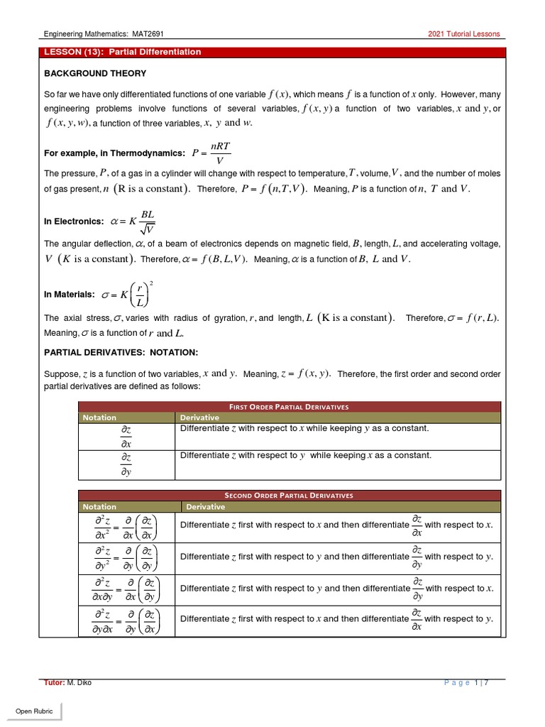 Lesson 13 Partial Differentiation | PDF | Derivative | Variable (Mathematics)
