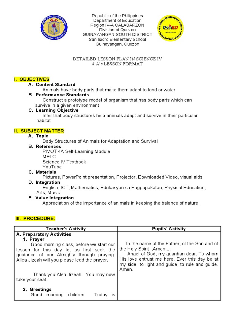 Animal Adaptations Lesson Plan for Grade 4 | PDF | Educational ...