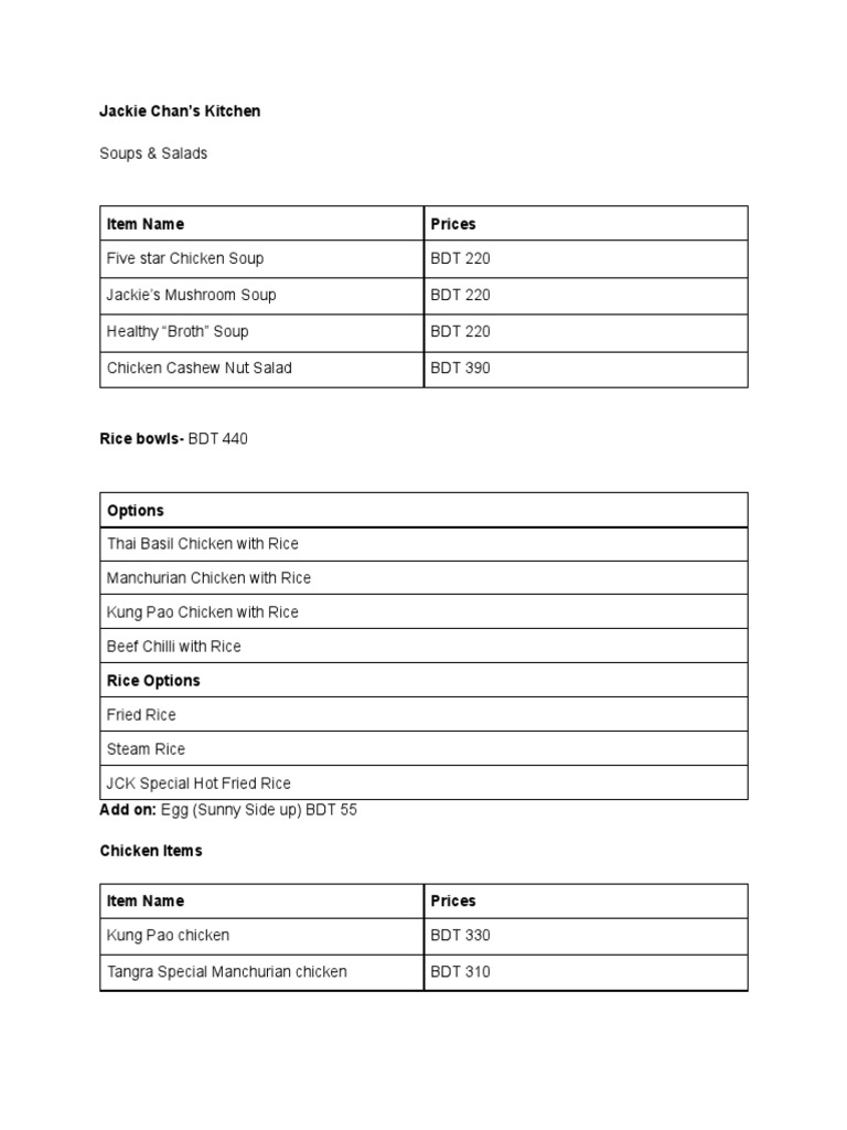 Jackie Chan's Kitchen Menu Prices | PDF