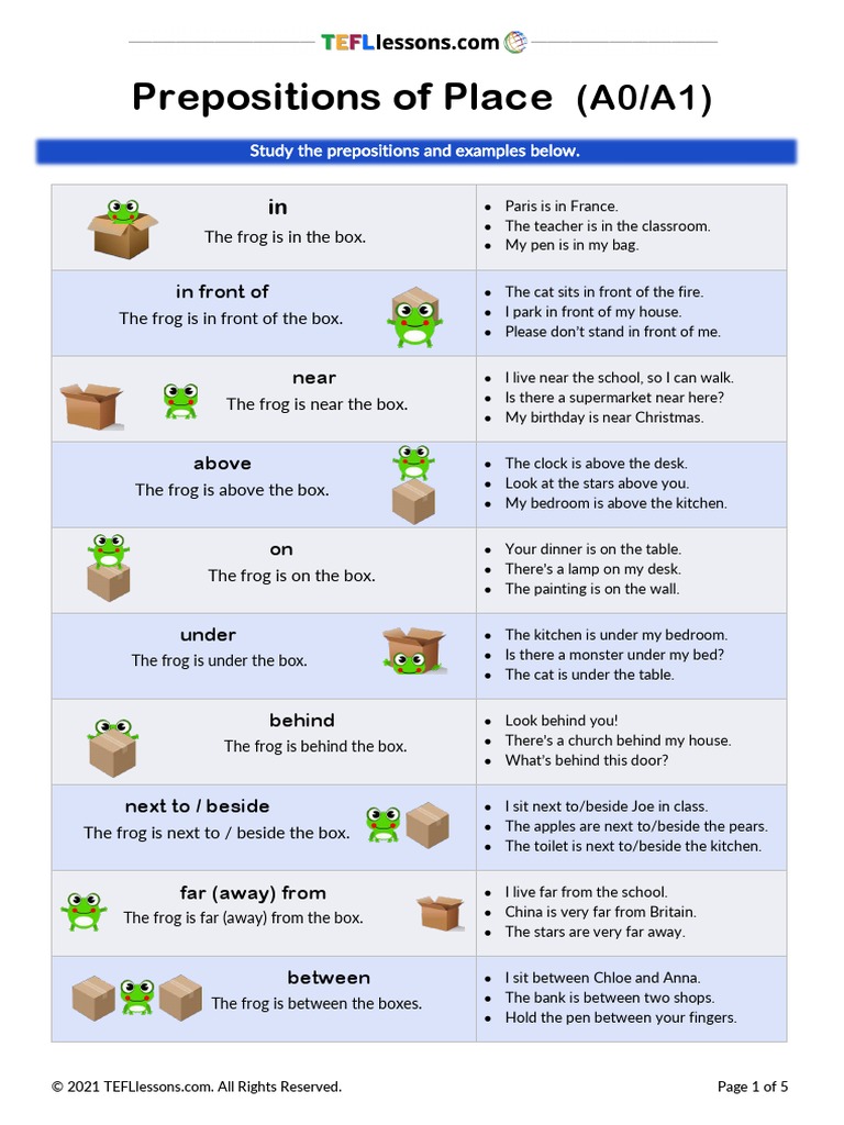 Prepositions of Place Student | PDF