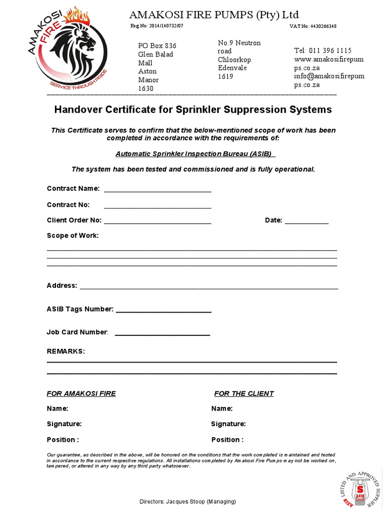 Handover Certificate Sprinkler | PDF | Fire Protection | Active Fire ...