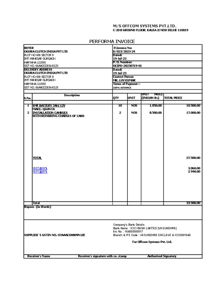 Performa Invoice: M/S Offcom Systems PVT - LTD | PDF | Economy Of Asia ...