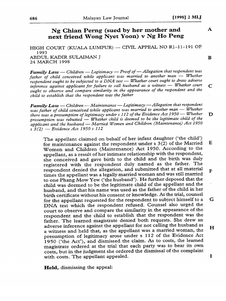 NG CHIAN PERNG (SUED BY HER MOTHER AND NEXT FRIEND WONG NYET YOON) v NG HO PENG | PDF