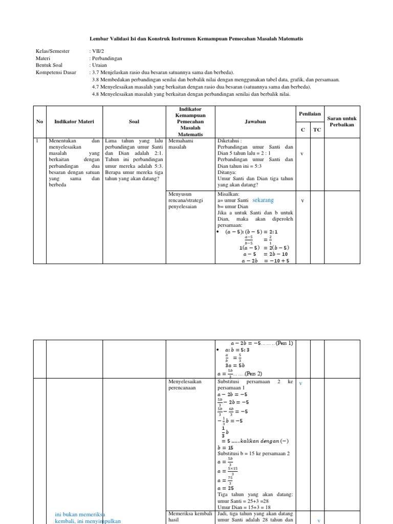 Lembar Validasi Isi Dan Konstruk Instrumen Kemampuan Pemecahan Masalah Matematis | PDF