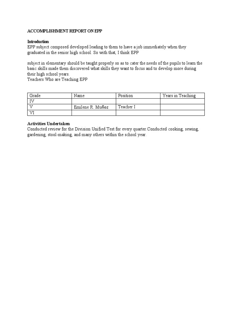 Accomplishment Report On Epp-2023 | PDF