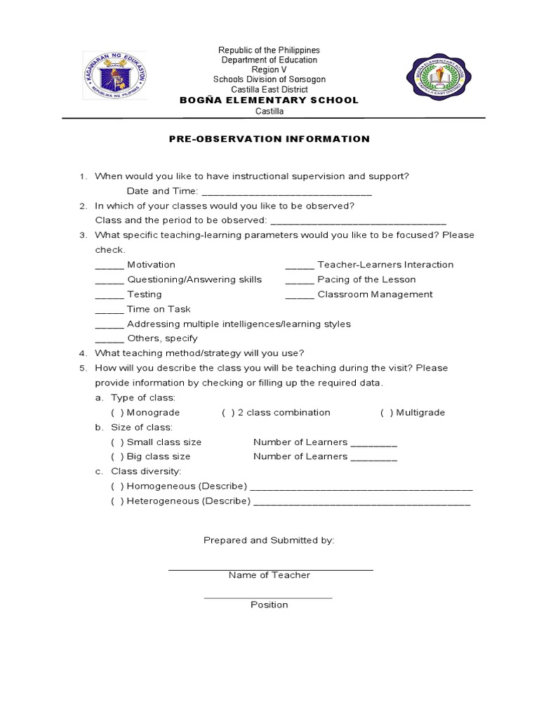 Pre-Observation-Form Template For Teachers | PDF | Teachers | Learning