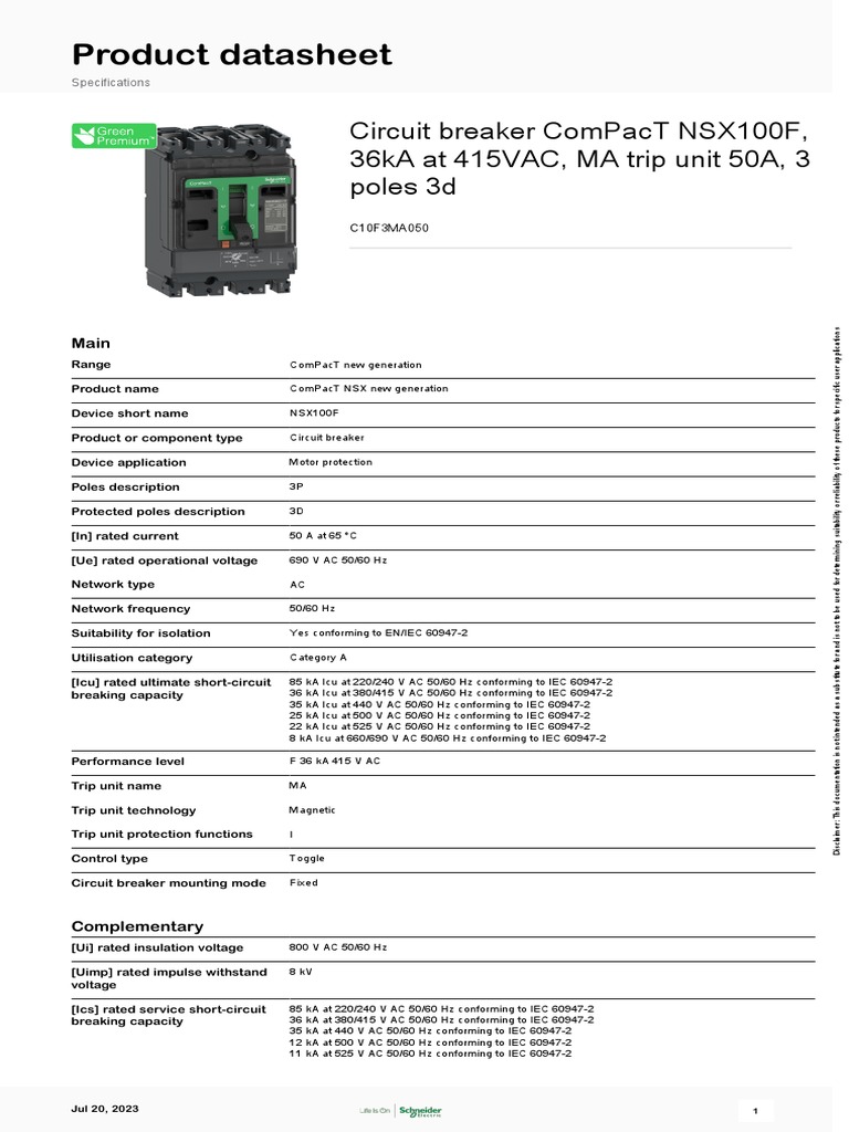 Product Datasheet: Circuit Breaker Compact Nsx100F, 36ka at 415vac, Ma Trip Unit 50A, 3 Poles 3D ...