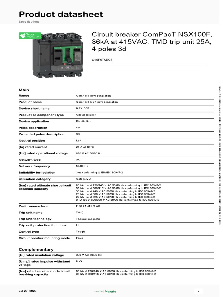 Product Datasheet: Circuit Breaker Compact Nsx100F, 36ka at 415vac, TMD Trip Unit 25A, 4 Poles ...