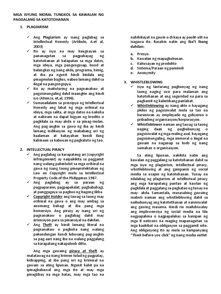 Mga Isyung Moral Tungkol Sa Kawalan NG Paggalang Sa Katotohanan | PDF