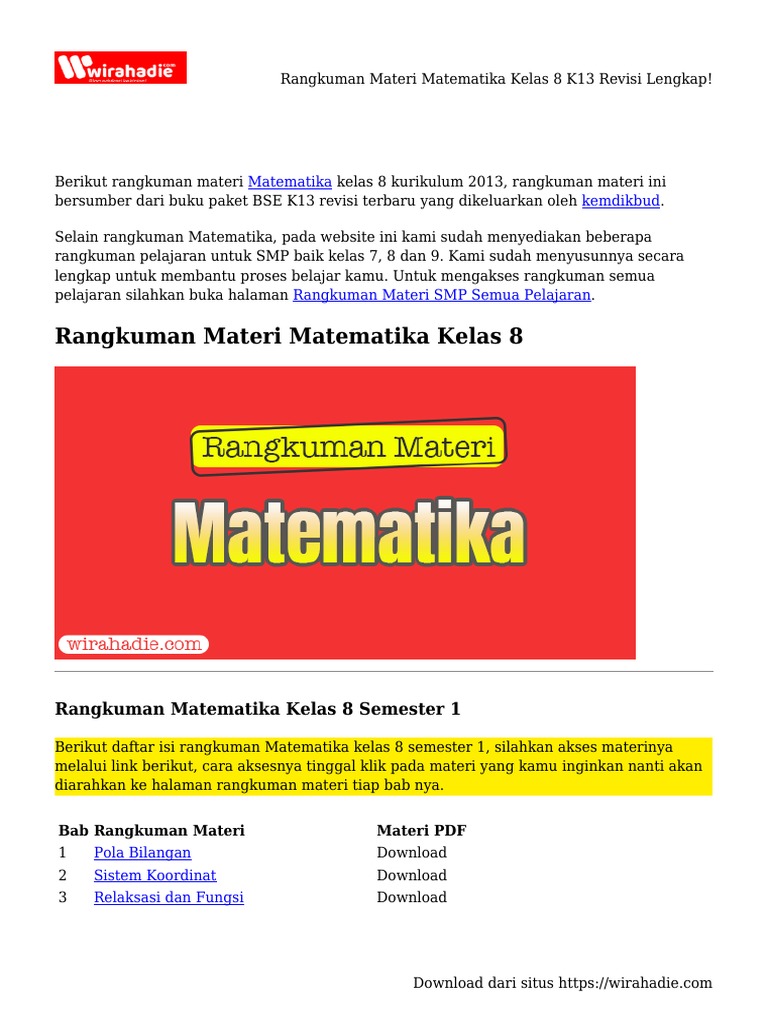 Rangkuman Materi Matematika Kelas 8 K13 Revisi Lengkap! | PDF