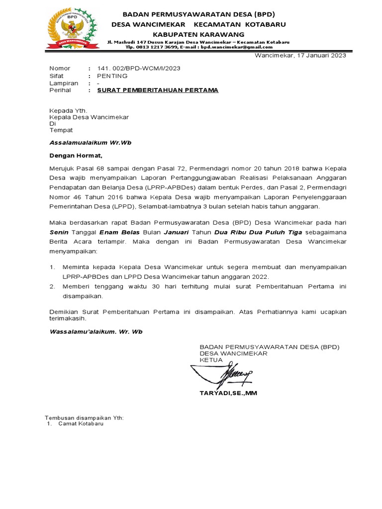 Surat Pemberitahuan Laporan Kepala Desa | PDF Surat Pemberitahuan Laporan Kepala Desa | PDF
