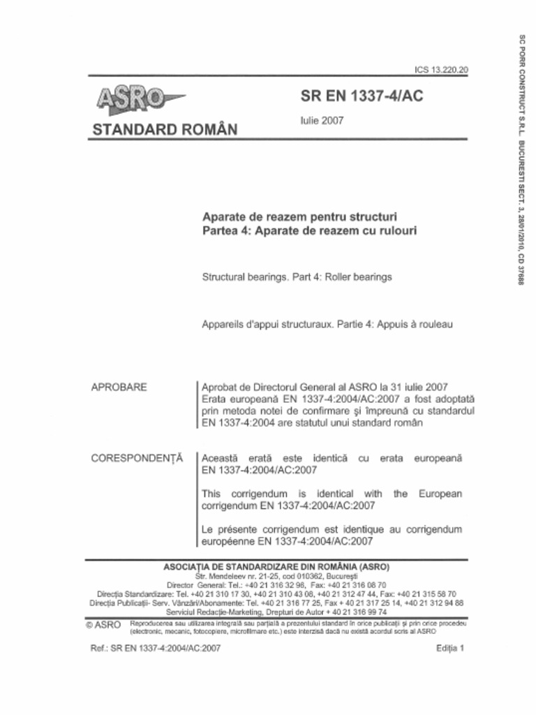 SR EN 1337-4-AC - Reazeme Pentru Structuri. Partea 4 - Aparate de Reazem Cu Rulouri | PDF