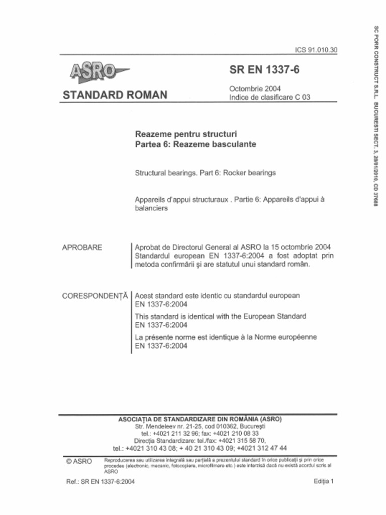 SR EN 1337-6 - Reazeme Pentru Structuri - Partea 6 - Reazeme Basculante | PDF