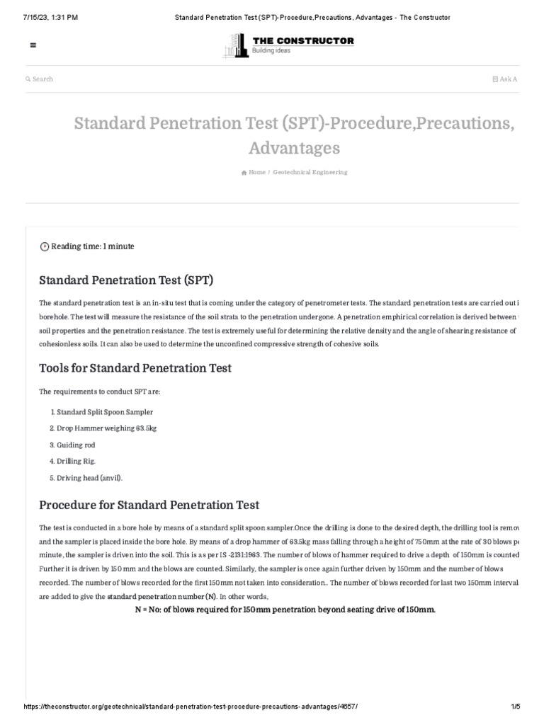 Standard Penetration Test (SPT) - Procedure, Precautions, Advantages ...
