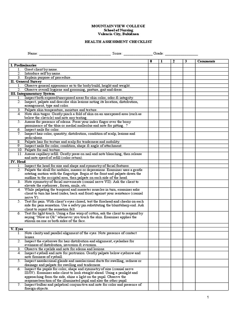 Health Assessment Checklist Template | PDF | Anatomical Terms Of Motion ...