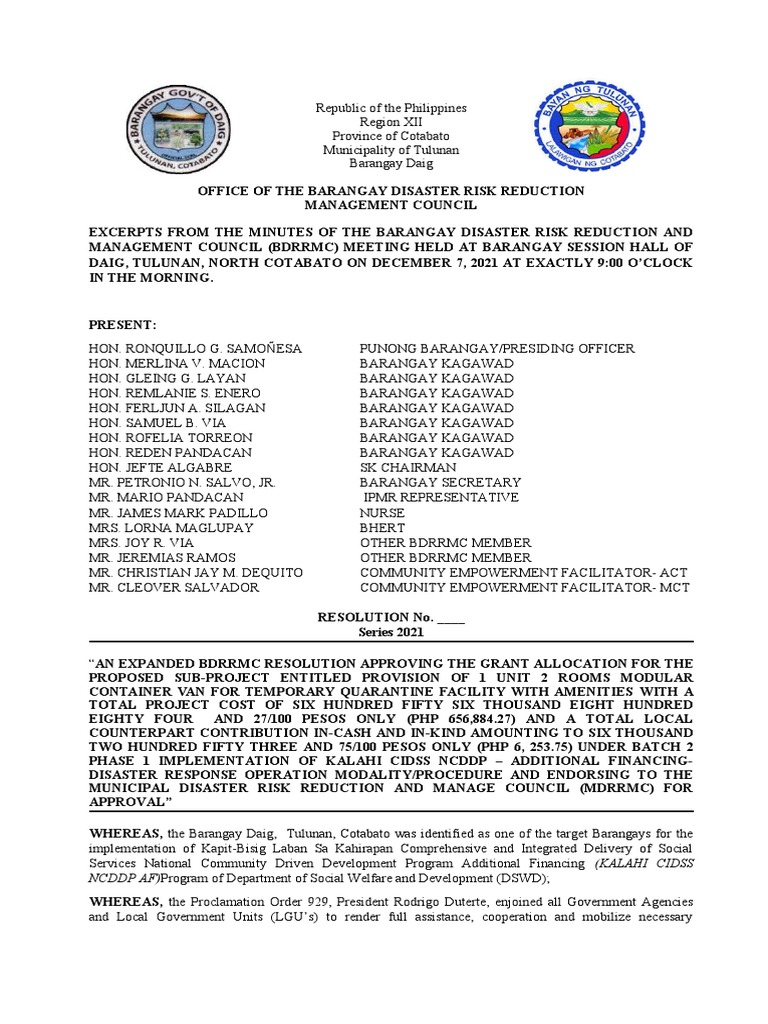 Daig BDRRMC Reso Approving & Endorsing | PDF | Social Science